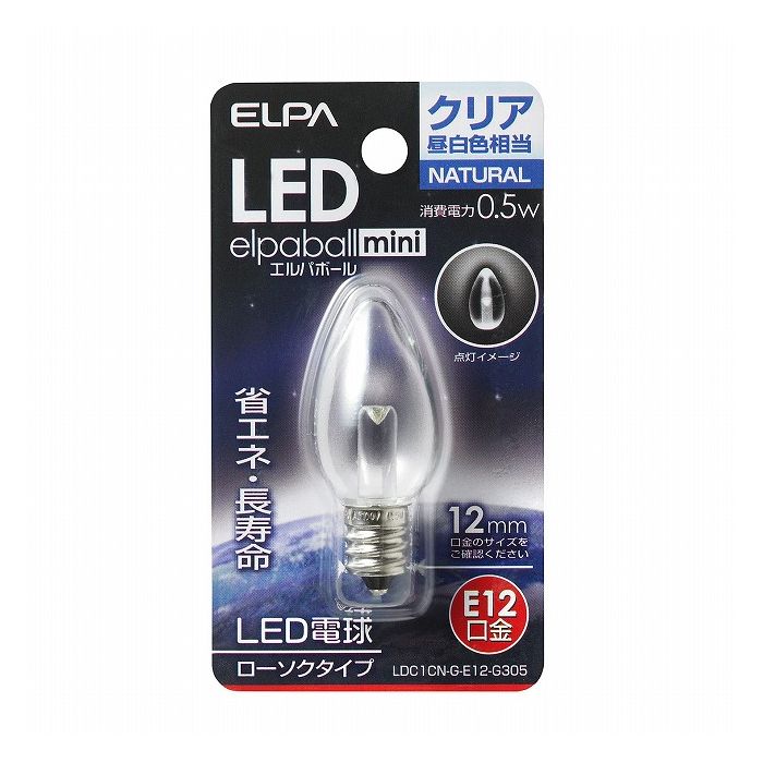 【商品詳細】交流電源：100V 50/60Hz共用口金：E12サイズ：全長53X外径22(mm)質量：6g定格入力電流：0.006A定格消費電力：0.5W設計寿命：30,000時間全光束：18lm光色：昼白色相当屋内用光源にはLEDを使用し...