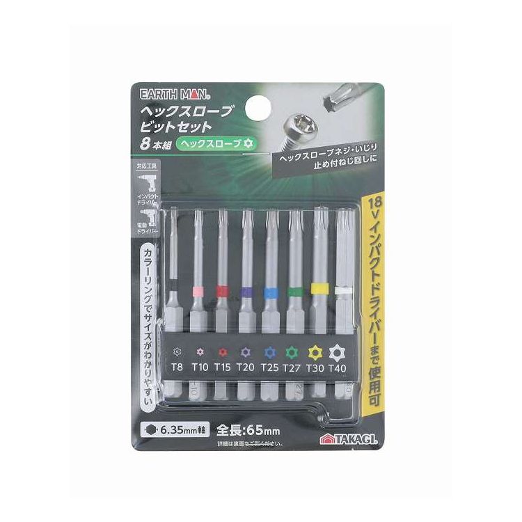 商品説明文●ヘックスローブネジ・いじり止め付ネジ回しにスペック●ヘックスローブネジ・いじり止め付ネジ回しに●18Vインパクトドライバーまで使用可能●カラーリングでサイズがわかりやすい●セット内容●ヘックスローブビット：T8/T10/T15/...