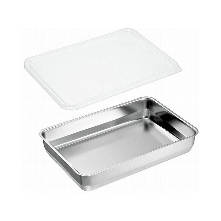 ■内容（サイズ等）バット1/1：外径約330×216×H56mm　 内径約316×204mm（約350g・約3,300cc）蓋：約150g■材質本体：18-8ステンレス鋼（0.4mm厚）蓋：ポリエチレン樹脂（耐熱60℃・耐冷-30℃）■生産...