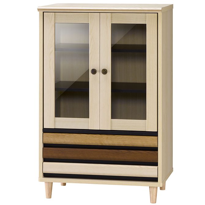 引き出しの3色デザインが特徴的なデザイン家具。アンティーク調の取手もポイントです。天然木のような風合いのシートを採用。引き出し1杯。（スライドレール）。可動棚2枚。【サイズ】幅590×奥行408×高さ915mm。【仕様】パーチクルボード・M...