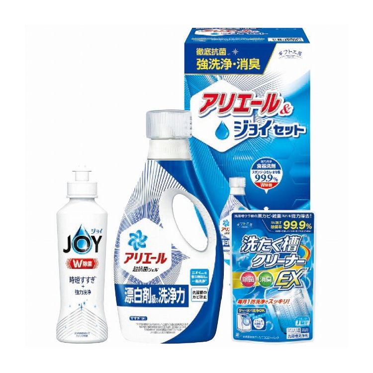 【商品特徴】菌を寄せ付けないクリーンギフト。抗菌力・洗浄力に優れたアリエールとダブル除菌のジョイをセットしました。【製造者】シキシマ【箱サイズ（cm）】13.5×11.7×27.5cm【現品サイズ・内容】720gアリエールジェル・170ml...