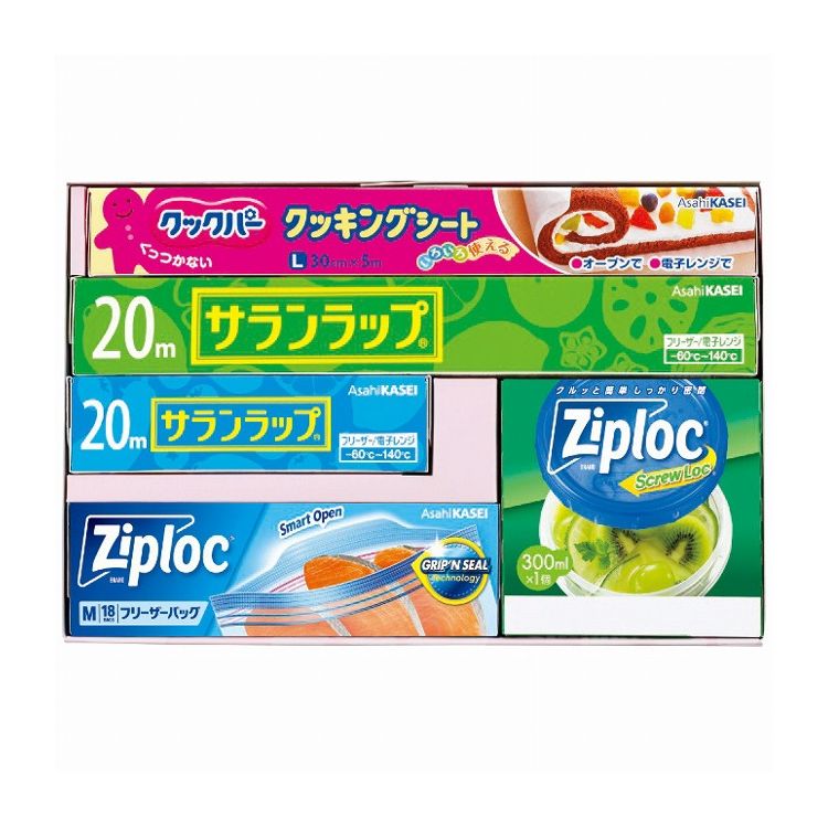 【商品特徴】キッチン用品の実用的なギフト！【箱サイズ（cm）】32.1×21.1×6.9cm【現品サイズ・内容】サランラップ(30cm×20m)・サランラップ(15cm×20m)各1本・ジップロックフリーザーバッグM(18枚入)・ジップロッ...