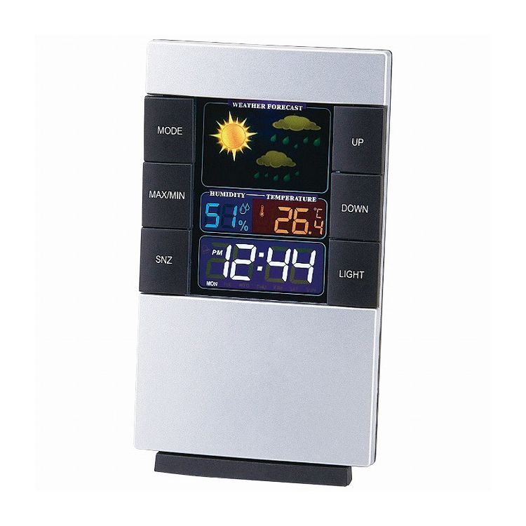 【商品特徴】これからの天気予報や温度、湿度がカラー表示される見やすい多機能時計です。音・振動センサー付でバックライトが自動点灯。暗闇でも簡単に時刻が確認できます。機能：時計、アラーム、スヌーズ、温度計、湿度計、天気予報、カレンダー、バックラ...
