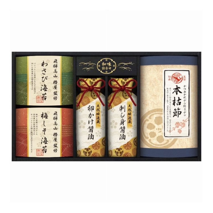 【商品詳細】飛騨高山の和食の名店「椿屋」が味付け海苔を監修しました。天然醸造のお醤油など一緒に、もらってうれしい和の詰合せです。原材料:卵かけ醤油：しょうゆ（国内製造）（本醸造）、みりん、糖類（果糖ぶどう糖液糖、砂糖）だし（鯖節、鰹節、昆布...