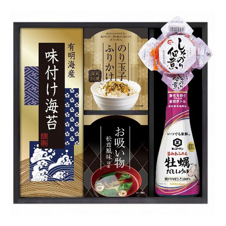 【商品詳細】使いやすい卓上サイズのキッコーマン牡蠣だししょうゆとご飯のお供の詰合せです。原材料:◎有明海産味付海苔：幹のり（有明海産）、砂糖、みりん、しょう油（小麦・大豆を含む）、食塩、唐辛子、煮干、昆布/調味料（アミノ酸等）、ソルビット◎...