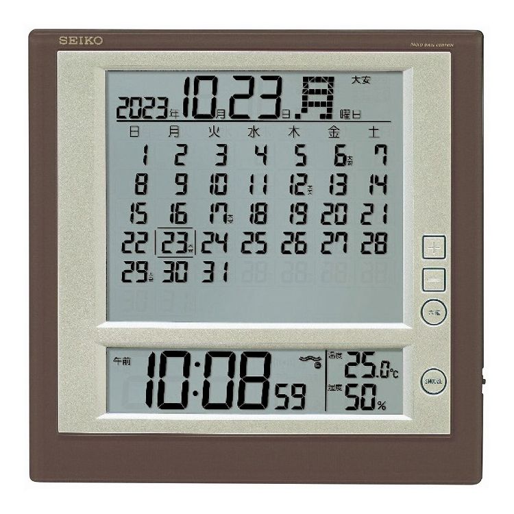 【商品詳細】電波修正機能（受信OFF機能つき）電子音アラームスヌーズつきフルオートカレンダー機能六曜表示月めくり機能温湿度表示12時間制／24時間制切替式置用スタンドつき電池切れ予告機能（液晶） 生産地:中国 現品サイズ・内容:17×17×...