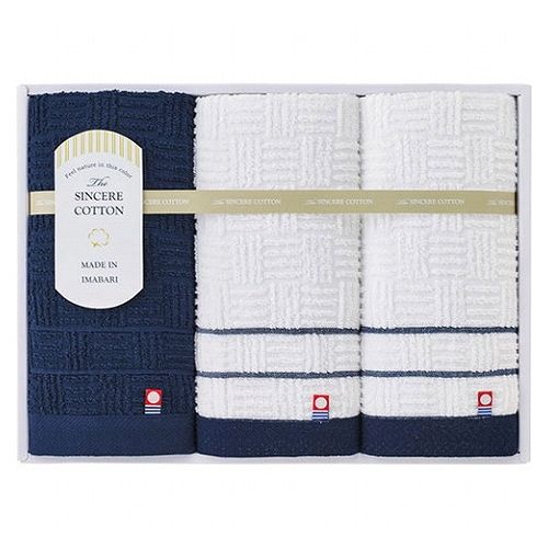 【商品特長】ネイビーとホワイトのコントラストが美しい品格あふれるギフトセットノーブルな紺色と白色のコントラストが美しい、高級感のあるタオルです。フォーマルでも映えるシックでモダンなデザインが自慢です。【仕様】サイズ…34×75cm材質…綿1...