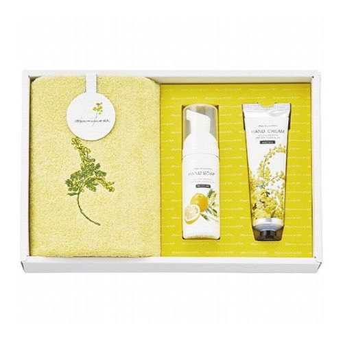 ウォッシュタオル&コスメセット【商品説明】春を告げる花ミモザをモチーフとした今治タオルと、天然香料ミモザ精油とグレープフルーツの香りが爽やかな、アミノ酸系洗浄成分配合のクリーミィーな泡で手肌をやさしく洗い上げるハンドソープと、天然香料ミモザ...