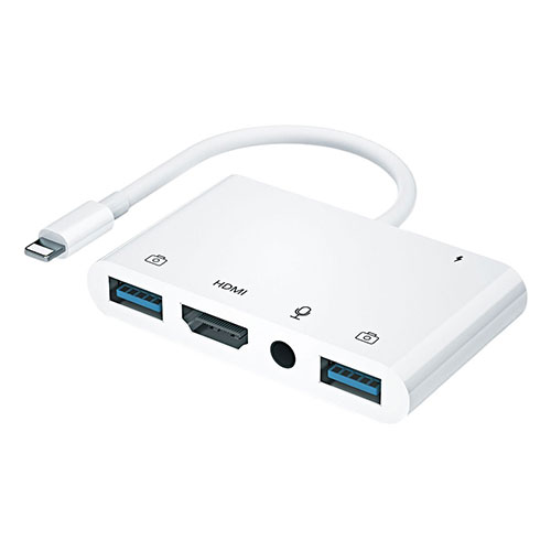 【商品説明】iOSポート搭載のiPhoneやiPadの機能を拡張することができます。最大5V/2Aの給電をしながらHDMI出力(ミラーリング)が可能で、オーディオポート(イヤホン、マイク)、USBポート×2を拡張。充電に利用するiOSケーブ...