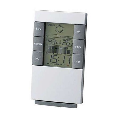 天気予報や12時間の気温の移り変わりグラフまで付いた見やすい多機能時計です。時計、アラーム、スヌーズ、温度計、湿度計、カレンダー、バックライト。メーカー品番:6115-23内容物:本体(約40×80×140mm)×1素材:ABS電源:単4×...