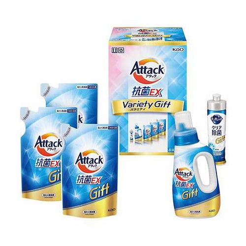 アタック抗菌EXバラエティーギフトアタック抗菌EX詰替用(590g)×3、アタック抗菌EX(750g)・キュキュットクリア除菌(220ml)×各1メーカー品番:K・AU-25A箱サイズ:17.1×19.6×28.4cm本体重量:3.2kg【...