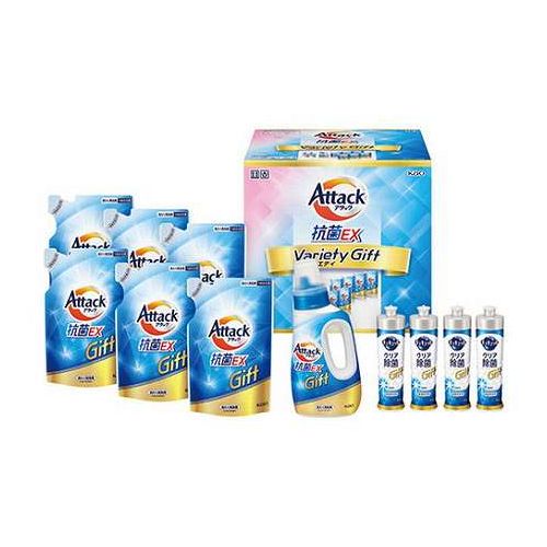 アタック抗菌EXバラエティーギフトアタック抗菌EX詰替用(590g)×6、キュキュットクリア除菌(220ml)×4、アタック抗菌EX(750g)×1メーカー品番:K・AU-50A箱サイズ:25.5×31.8×29.5cm本体重量:6.2kg...