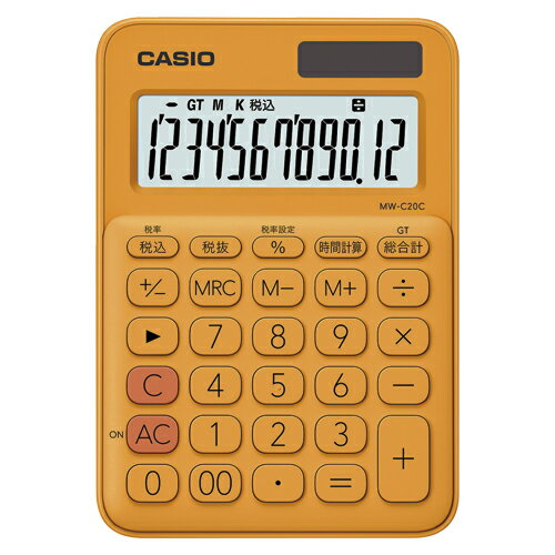 カシオ電卓12桁（オレンジ）CASIOカラフル電卓ミニジャストタイプMW-C20C-RGJANコード：4549526603501桁数:12桁メモリー:2電源種類:TWOWAYPOWER(LR1130)電池数:1電池寿命:約3年◆税計算消費税...