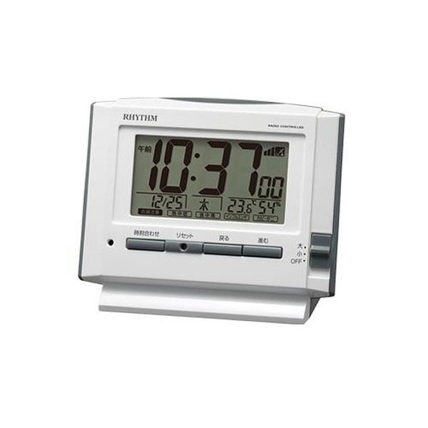 ●型番…8RZ222SR03●周波数…40kHz/60Khz自動選局●電源…単3形マンガン乾電池×2個（付属）●機能…アラーム、スヌーズ、12/24時間制切替式、残照機能ライト、温度・湿度表示、カレンダー、環境目安表示●サイズ…124（W）...