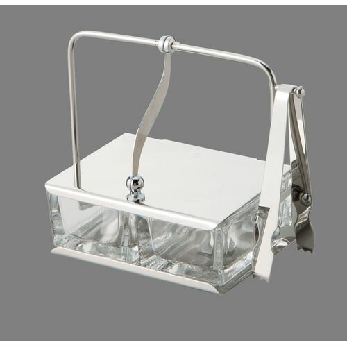 エムタカ ガラス薬味入れ No.552（2ヶ仕切） PYK09 JANコード 4968553045526●メーカー品番:No..552●幅×奥行×高さ(mm):140×79×115●材質：本体；ガラス　わく；ステンレススチールスチール　トン...