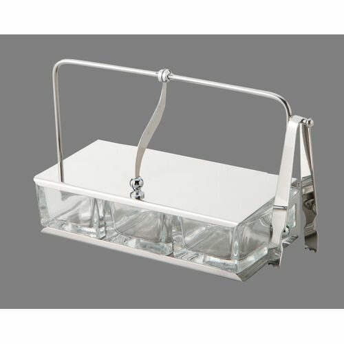 エムタカ ガラス薬味入れ No.553（3ヶ仕切） PYK08 JANコード 4968553045533●メーカー品番:No..553●幅×奥行×高さ(mm):187×80×116●材質：本体；ガラス　わく；ステンレススチールスチール　トン...