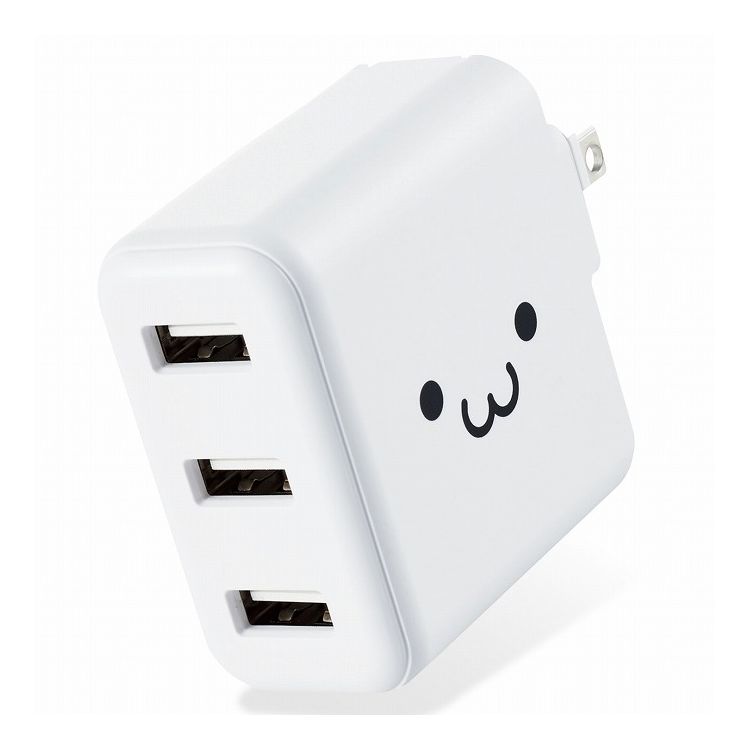 【商品特長】家庭用コンセントからスマートフォンやタブレット等を充電、給電できるAC充電器です。出力端子が3ポートありますので、スマートフォンなどを3台同時に充電が可能です。かわいい顔つきのしろちゃんモデルです。■家庭用コンセントからスマート...