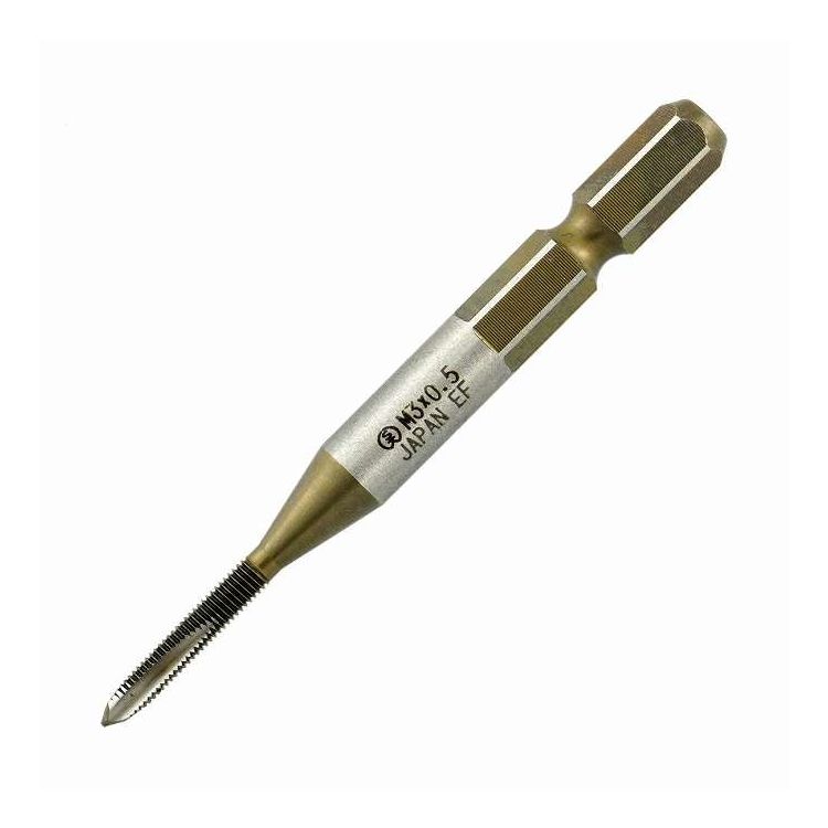 商品情報●インパクトドライバー用!。●ネジ径M3、ピッチ0.5mm、下穴ドリル径2.5mm。●インパクトドライバーなどの正逆回転付き機種に取り付け可能で、楽々ネジ穴加工ができます。●ネジ径:M3。●ピッチ:0.5mm。●下穴ドリル径:2.5...
