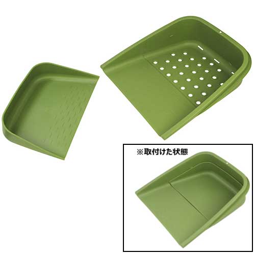 【用途】砂・小石を落とす、落ち葉・ごみの収集。【機能・特徴】1つで3役の便利商品です。砂・小石を選別するふるいとして使用出来ます。落ち葉の収集に便利なてみとして使用出来ます。ごみを集めるちりとりとして使用出来ます。【仕様】●色：グリーン。●...