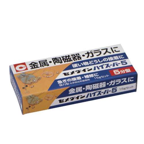 【用途】金属・陶磁器・ガラスの接着。【機能・特徴】2液混合型エポキシ系接着剤で、5分で硬化しはじめる急ぎの作業に最適な、スピードタイプです。主剤をブルーに着色してあり、混合の目安として色が消えるため、大変便利です。【仕様】●内容量：15gセ...