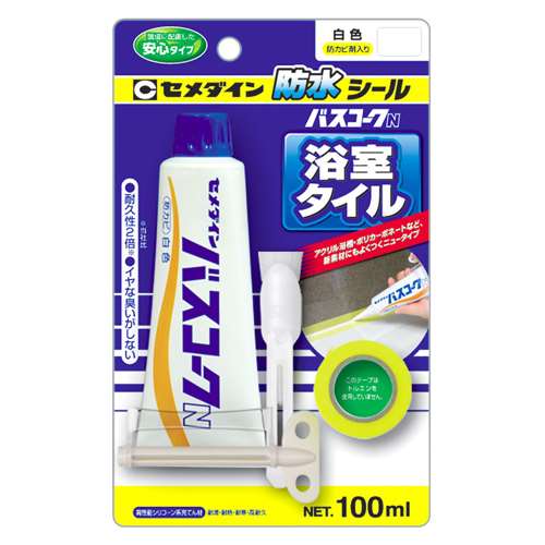 【用途】浴室・タイルの補修。【機能・特徴】浴室内での作業がより快適になりました。新素材プラスチックへの密着性をアップさせた高性能タイプです。安心性能と、充てん補修材本来の基本性能をしっかり両立、進化した新世代バスコークです。【仕様】●内容量...