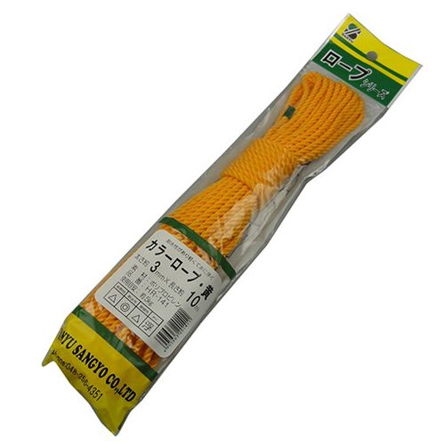 【用途】荷物の固定・梱包用。【機能・特徴】耐水性があり軽くて水に浮きます。【仕様】●サイズ(約)：太さ3mm×長さ10m。●使用目安：約5kg。●色：黄。【材質】●ポリプロピレン。【送料について】北海道、沖縄、離島は送料を頂きます。