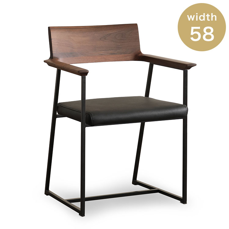 ■特徴ウォールナット素材×アイアン脚で肘付きのモダンテイストのダイニングチェアです。スタイリッシュな雰囲気を演出します。■商品サイズ幅58×奥行52×高さ76cm(座面高さ44/肘掛け高さ62）■素材木部：ウォールナット無垢材脚：アイアン塗...