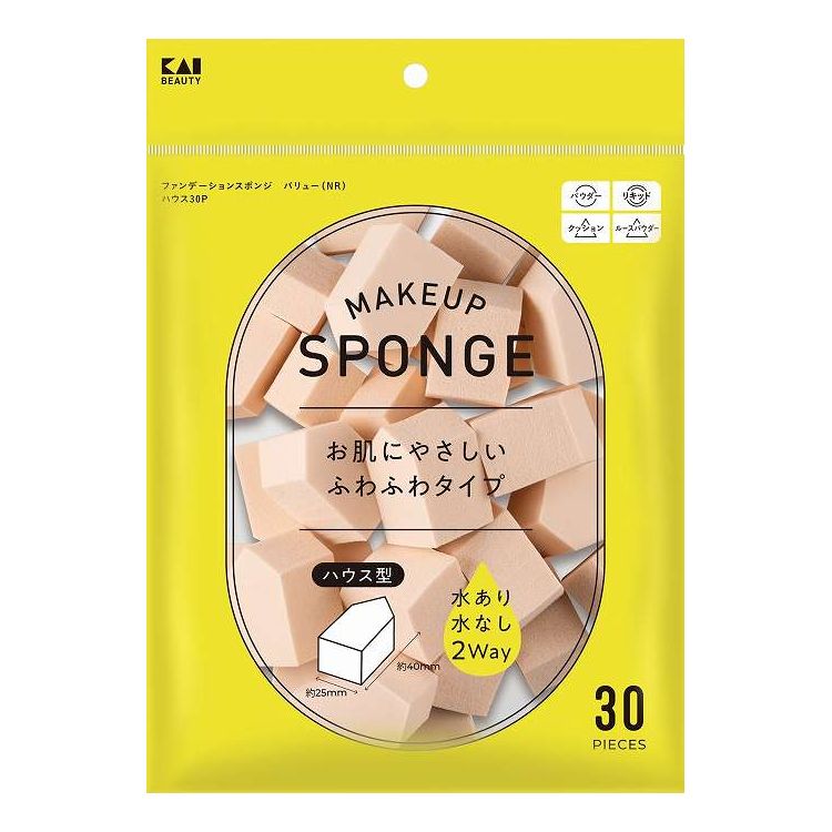 【商品詳細】お肌にやさしいふわふわタイプのスポンジ。ハウス形状のバリューパックです。成分:天然ゴム、SBR（合成ゴム）商品区分:日用雑貨品、他メーカー名:貝印生産国・加工国:中華人民共和国内容量:30個【代引きについて】こちらの商品は、代引...