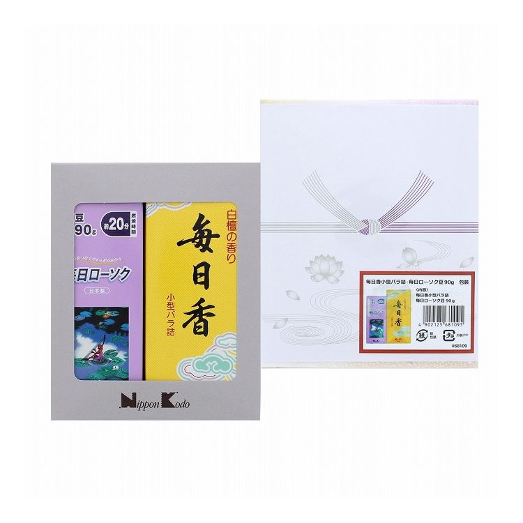 【商品説明】日本を代表するお線香ブランド毎日香の小型と毎日ローソク豆90Gがセットになったご進物用お線香です。【商品詳細】商品区分：日用雑貨品内容量：90g製造国：日本本体重量(g)：257成分メーカー名：（株）日本香堂使用方法注意事項※予...