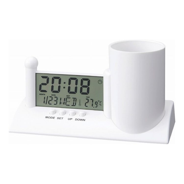 ペンホルダー付クロック 6197【商品説明】便利なペンホルダー付のクロックです。 便利なペンホルダー付のクロックです。機能：時計、アラーム、スヌーズ、カレンダー温度計、カウントダウンタイマー、誕生日お知らせ機能 ABS樹脂 ★単4乾電池2本...