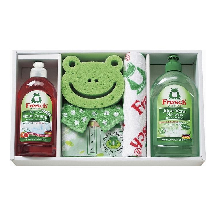 フロッシュ キッチン洗剤ギフト FRS-525D【商品説明】心地よく、毎日使い続けられるエコなギフト。 タオル：綿100％、クロス：ポリエステル80％・ナイロン20％ 食器用洗剤（アロエヴェラ）（ドイツ）（500ml）・食器用洗剤（ブラッド...