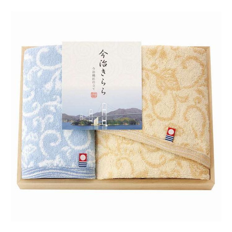 着物のように上品で自然を感じる色彩で織り上げた情緒あふれる和更紗模様百二十年の歴史と受け継がれる職人技が光る情緒溢れる今治タオルを高級感漂う木箱に丁寧に詰め合わせた、特別な贈り物日本製【セット内容】-サイズ：フェイスタオル:34×75cm、...