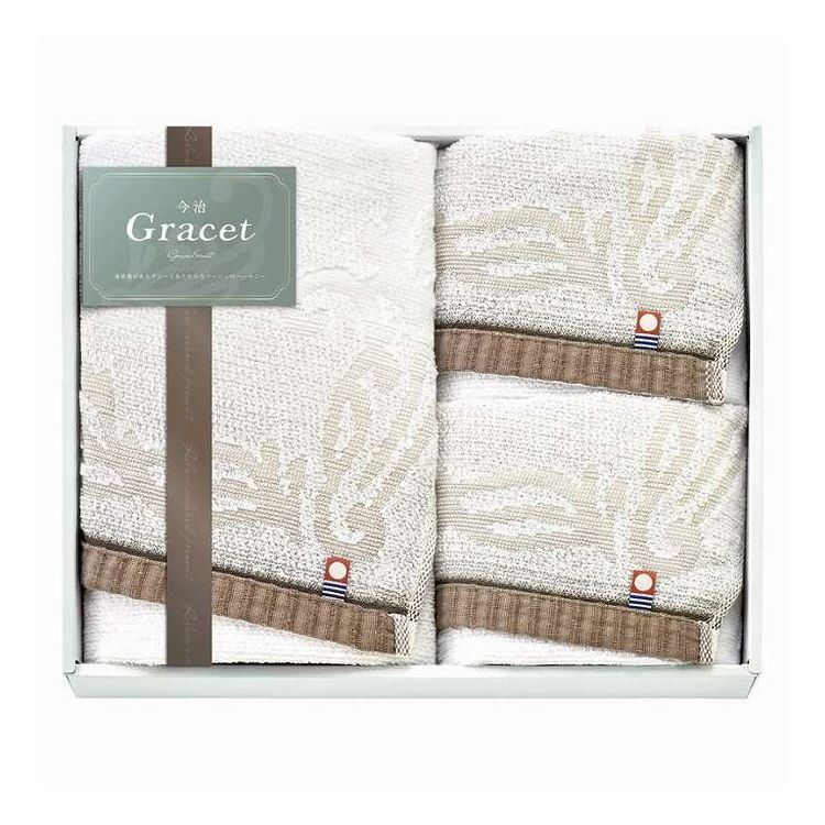 高級感のあるグレーとあたたかみのあるベージュを混ぜ合わせた、グレージュカラーのタオルセット。甘撚りの糸で織り上げ、ふんわりとした肌触りです。長い歴史の中で培われた今治のジャガード織で、ゆったりとしたオーナメント柄を繊細な曲線美で表現。優しい...