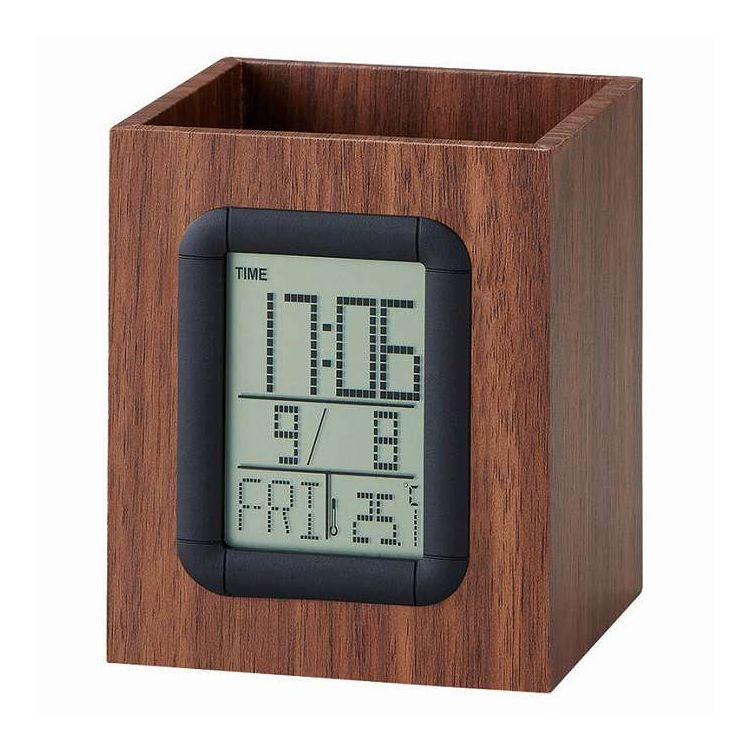 環境に優しいMDFを使用したペンホルダー付クロック環境に優しいMDF使用。エコでおしゃれなペンホルダー付クロックです。機能:時計、アラーム、スヌーズ、カウントダウンタイマー、カレンダー、温度計、ペン立て★LR1130ボタン電池2個付（お試し...