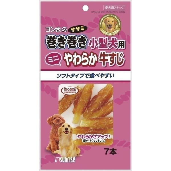 【商品詳細】やわらかな噛み応えの牛すじにしっとりササミを巻いた、嗜好性の高いスナックです。超小型犬・小型犬が食べやすいミニサイズ。長時間噛み続けることができ、噛むことでストレス解消・歯の健康にも役立ちます。【分類】スナック【原材料】肉類（鶏...