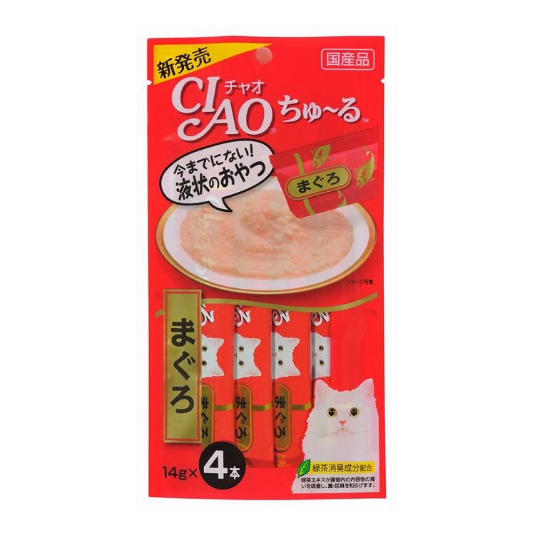【商品説明】とろ〜り食べやすい液状おやつ！・一度食べたらやみつき！猫ちゃんの好きなを素材を液状にしたおやつです。・ちゅ〜っと出して、なめるだけで簡単に栄養補給。・食べきりやすい14g×4本。・緑茶消臭成分配合！緑茶エキスが腸管内の内容物の臭...