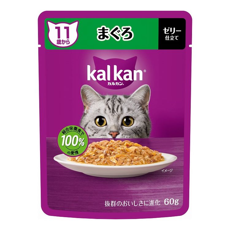 【商品説明】”総合栄養食で100％の愛情”・抜群のおいしさに進化！厳選されたまぐろをカルカン特製だしで煮込み、ジューシーなゼリー仕立てにしました。・11歳以上の猫に必要な栄養素がバランスよく含まれた総合栄養食です。・食べやすい小さめフレーク...