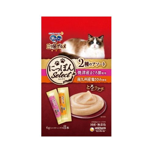 【商品説明】日本各地の「お取り寄せ」素材を使用した、とろ〜りウェットタイプの上質なおやつ6gで食べきりサイズ国産、無着色ひと袋に2種類の味が詰まったアソートタイプ・原材料(アレルギー表記含む)●まぐろ節使用：鶏胸肉、魚介類（まぐろパウダー、...