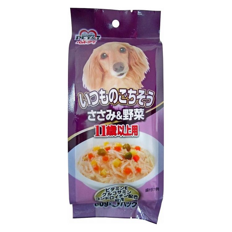 【商品説明】・鶏ささみに4種類の緑黄色野菜を加え 11歳からの健康維持に配慮し、ビタミンE、 グルコサミン、コンドロイチン配合【商品詳細】ペットフード鶏ささみ、野菜（にんじん、さつまいも、かぼちゃ、グリーンピース）、ゼラチン、増粘安定剤（グ...