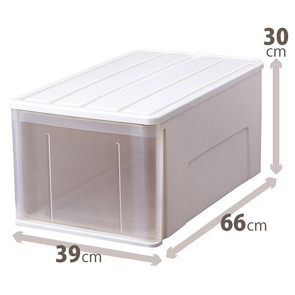 プラスチック製の引き出し式収納ケース。押入れ用。押入れにすっきり収まる奥行き66cm。たっぷりしまえる深型タイプ。押入れ半間に2個並べて使えます。出し入れに便利な引き出し式。収納可能目安:トレーナーなら約14枚、セーターなら約10枚サイズ（...