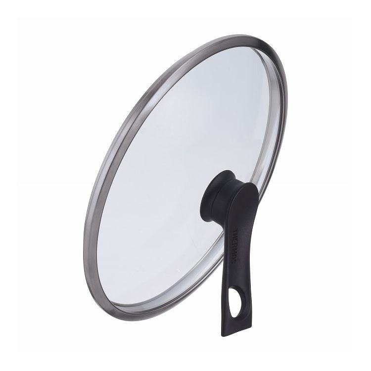 サーモス【THERMOS】の様々なシリーズのフライパンに対応するガラス製のフタ。取っ手の穴はサーモス製のキッチンツールが一時置き出来る設計。金属のフチで水滴を受けるので、調理台が濡れにくい。サイズ(約)幅25.5×奥行25.5×高さ9.5c...