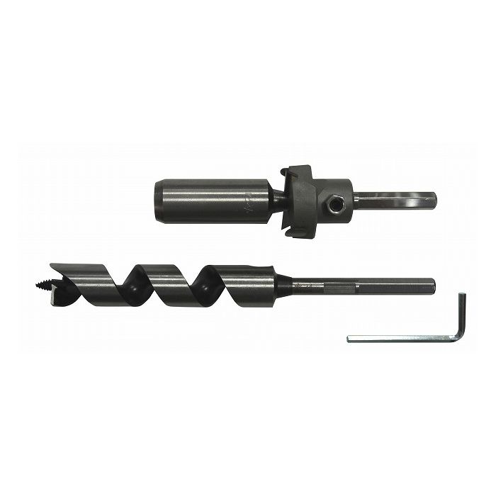 【商品特長】用途：丸座金の座掘を行う際にセット内容：ガイド×1、カッター×1、ドリル×1、六角レンチ×1呼びサイズ：24×45mm六角軸径：10mm適用機種：電気ドリル適用材：一般木材適正回転数：1,000〜1,500回転/分以下仕様：ガイ...
