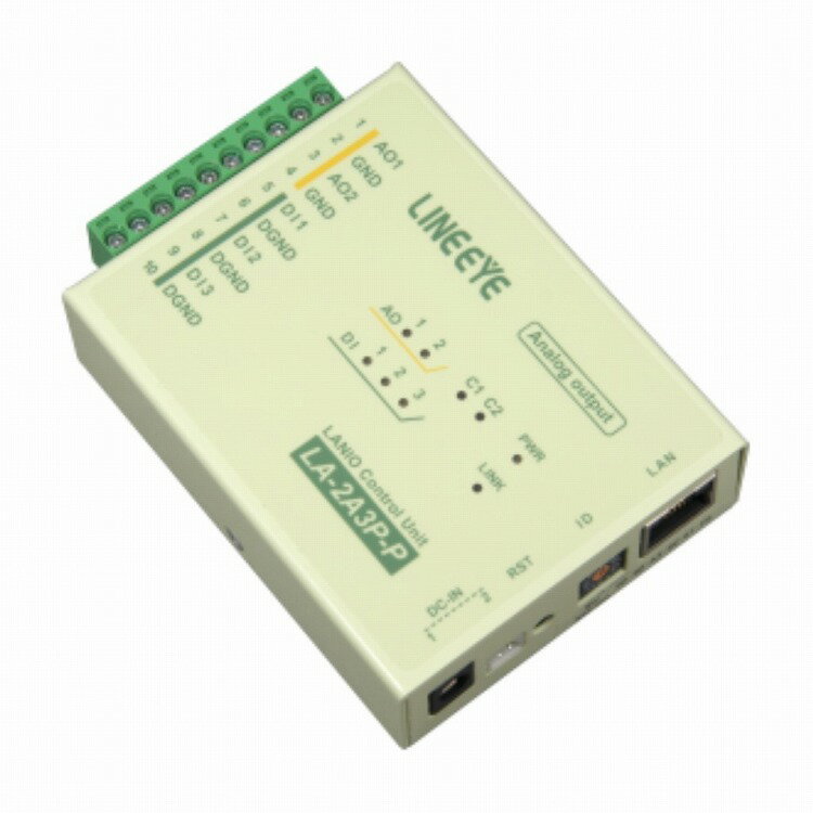 パソコンからLAN(イーサネット)経由で、アナログ出力2点、ドライ接点入力3点を監視制御できるIOユニットです。商品説明アナログ出力は電圧出力と電流出力をコマンドで切り替えることができます。アナログ入力モデルからLAN経由で伝達された電圧値...