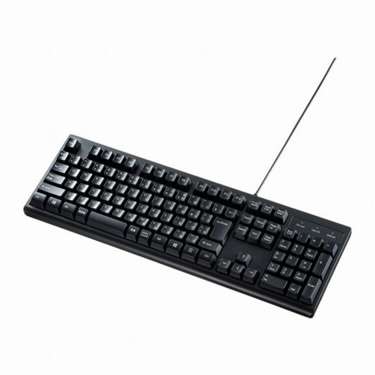 余分なキーを省いた標準的なJIS日本語配列に準拠したキーボードです。商品説明文字の耐久性に優れたレーザー印刷を採用したスタンダードUSBキーボード商品仕様製品タイプ：キーボードカラー：ブラックインターフェース：USBキー・ボタン：■キー数:...
