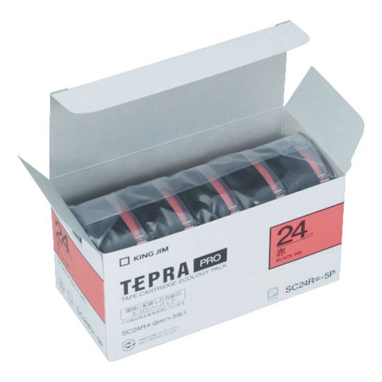 【商品詳細】●環境に優しいエコパックです。包装材を減らし、廃棄物を削減しました。●5個入りパック●テープ幅(mm)：24●テープ色：赤●テープ長さ(m)：8●文字色：黒●文字色：黒●高さ(mm)75●赤●24mm幅●黒文字原産国日本JANコ...