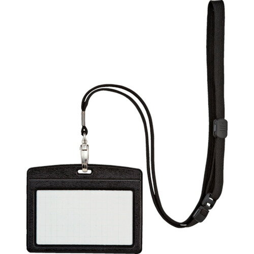 【商品詳細】●高級感のあるレザー調吊り下げ名札です。●名刺などのストックができる2ポケットタイプです。●長さ調整、安全装置付きです。●色：黒●中紙サイズ(mm)：90×55(ヨコ名刺)●ストラップ寸法(mm)幅：約10mm●ストラップ寸法(...