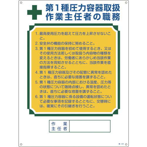 【商品詳細】●労働安全衛生規則に基づく標識です。●作業主任者や作業指揮者等の職務が記載されています。●表示内容：第1種圧力容器取扱作業主任者の職務●取付仕様：穴4ヵ所●縦(mm)：600●横(mm)：450●厚さ(mm)：1●取付方法：ビス...