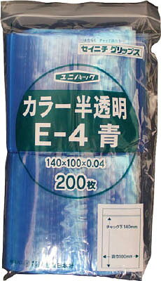 【メーカー型番】E-4-CB【JANコード】4909767112772【ブランド】セイニチ【特徴】●スタンダードなフィルム厚0.04mmのチャック付ポリエチレン袋です。【用途】●部品等の保管、管理。【仕様】●色:半透明ブルー●縦(mm):1...