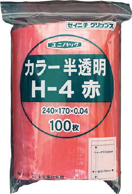 【メーカー型番】H-4-CR【JANコード】4909767112840【ブランド】セイニチ【特徴】●スタンダードなフィルム厚0.04mmのチャック付ポリエチレン袋です。【用途】●部品等の保管、管理。【仕様】●色:半透明レッド●縦(mm):2...