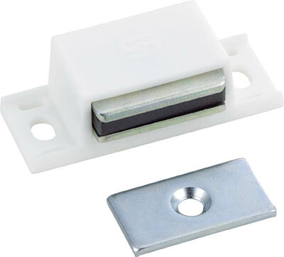 【商品詳細】●シンプル構造で汎用性の高いマグネットキャッチです。●色:白●全長(mm):40●吸着力(N):20●受板用推奨ねじ:2.4mm●本体取付穴寸法:3.5×5mm長穴●本体:ポリプロピレン（PP）●受け金具:スチール●受け金具【送...